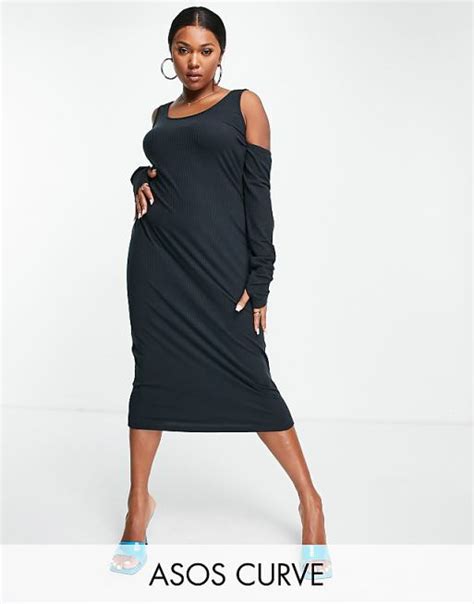 Asos Design Curve Midi Ribbed Column Dress With Fingerless Glove