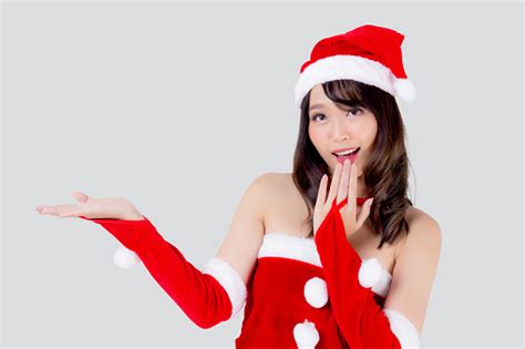Beautiful Portrait Young Asian Woman Santa Costume Presenting Empty