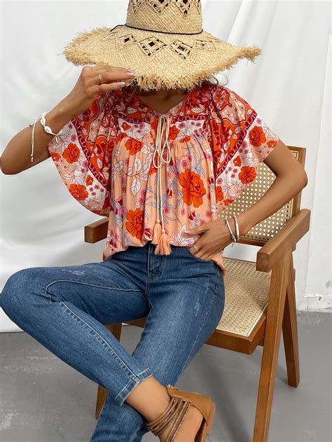 Shein Vcay Floral Print Tie Neck Butterfly Sleeve Blouse Shein Usa