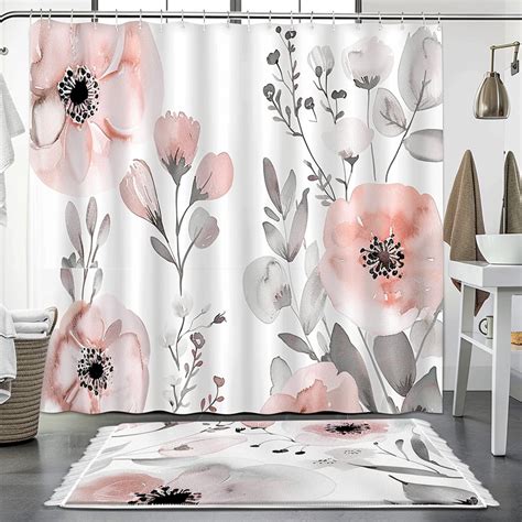 Boho Chic Floral Shower Curtain Set In Blush Pink And Grey Neutral