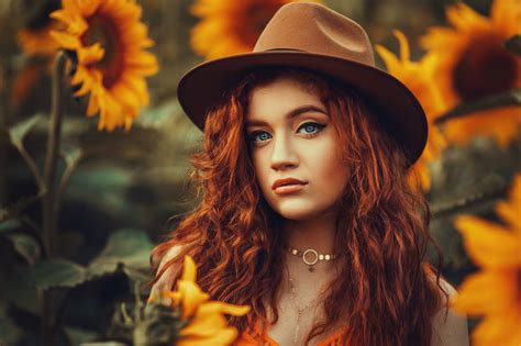 Wallpaper Women Hat Portrait Redhead Sunflowers 2048x1365