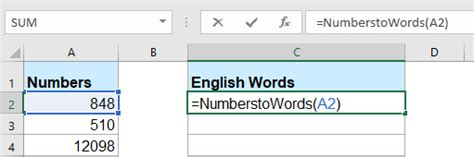 how to quickly convert numbers to english words in excel