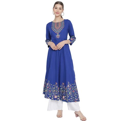 Rayon Floral Placement Printed Anarkali Kurti Blue Yash Gallery