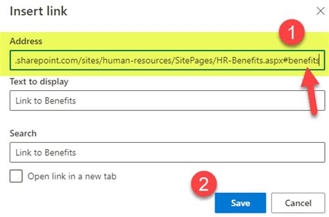 how to link to a specific location on a sharepoint page via page