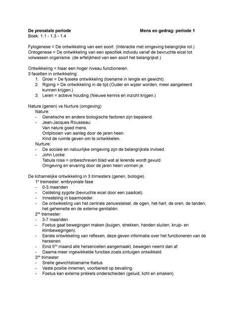 Mens En Gedrag 1 Samenvatting Jaar 1 Periode 1 De Prenatale Periode