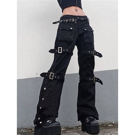 Eyelet Buckle Cyber Punk Goth Baggy Jeans Y2k Woman Techwear Dark
