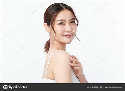 Beautiful Young Asian Woman Clean Fresh Skin White Background Face