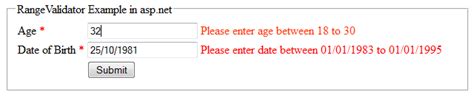 how to use rangevalidator validation control with example in