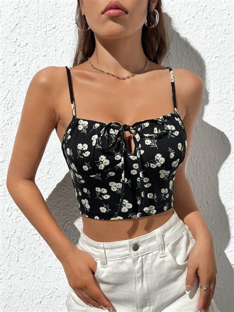 Shein Qutie Cottagecore Allover Floral Print Knot Front Crop Cami Top