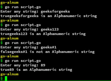 golang program to check if the string is alphanumeric geeksforgeeks