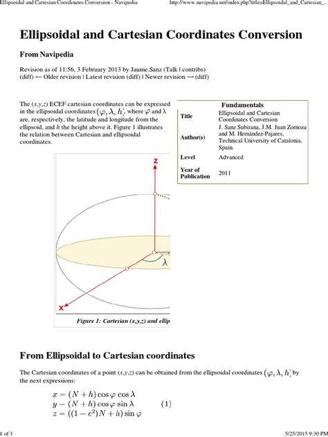 Ellipsoidal And Cartesian Coordinates Conversion Navipedia Pdf