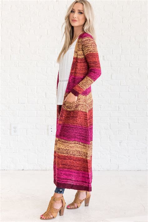 Pink Orange Red Yellow Striped Long Duster Cardigan Sweaters Cozy Warm
