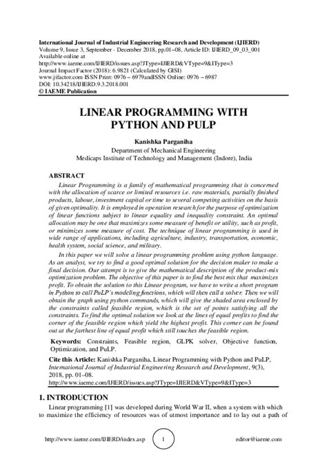 pdf linear programming with python and pulp iaeme publication