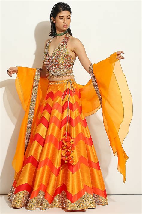 Multi Colored Dupion Silk Chevron Wedding Lehenga Set By Vandana Sethi