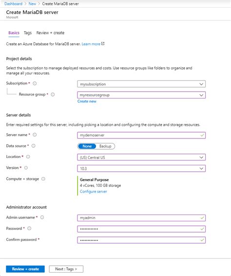 quickstart create a server azure portal azure database for mariadb