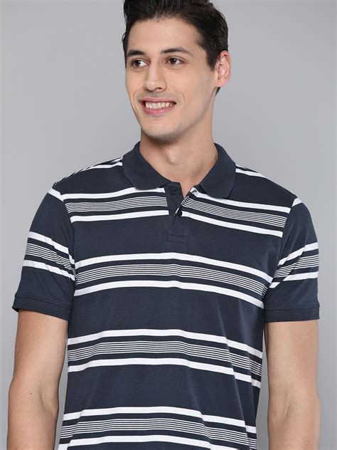 Buy Mast And Harbour Men Navy Blue And White Striped Pure Cotton Polo