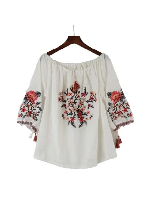 Ethnic Vintage White Blue Floral Embroidered Blouses For Women Loose 3