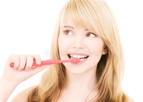 Woman Brushing Teeth Holding Toothbrush Stock Image Image Of Clean