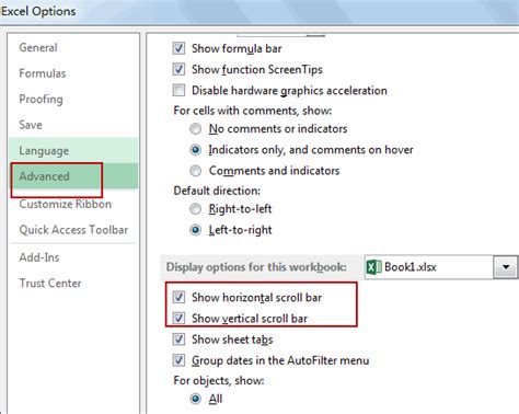 how to hide and unhide horizontal and vertical scroll bar in excel