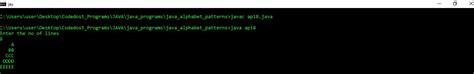 java program for character alphabet pattern 18 codedost
