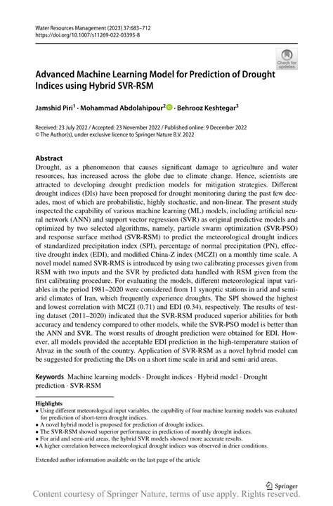 Advanced Machine Learning Model For Prediction Of Drought Indices Using