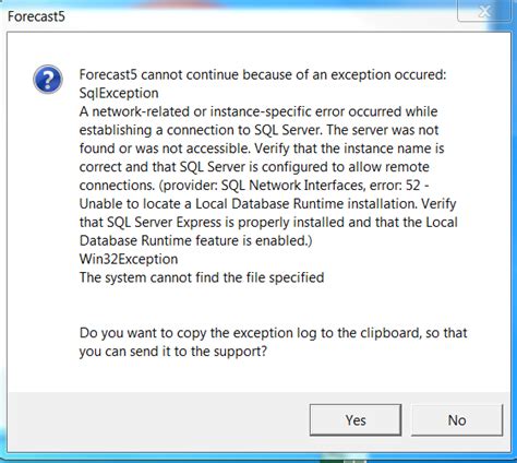 sqlexception a network related or instance specific error [error 52]