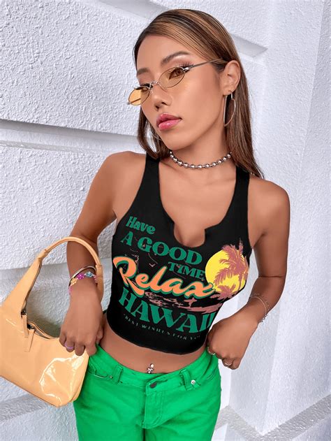Shein Coolane Top Tank Con Estampado De Palmera Y Slogan De Cuello De