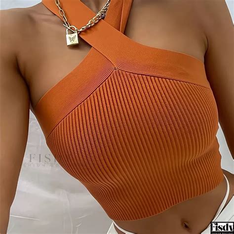 Fisdy Premium Ribbed Knit Criss Cross Halter Neck Crop Top Stylish
