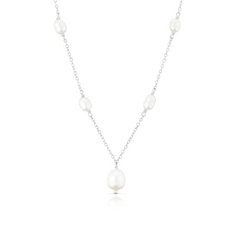 Sterling Silver Cultured Freshwater Pearl Station Necklace H Samuel