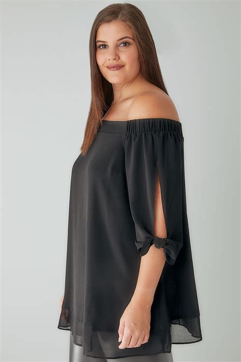 Black Bardot Layered Hem Swing Top With Open Tie Detail Sleeve Plus