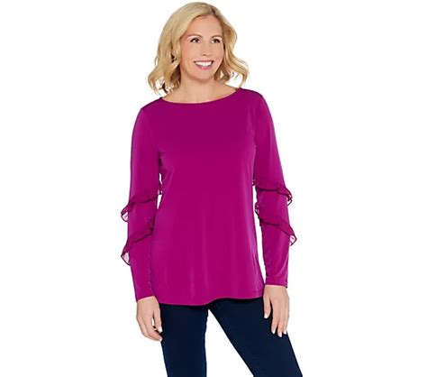 Susan Graver Liquid Knit Top With Sheer Chiffon Ruffles