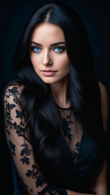 Premium Photo A Woman With Long Black Hair And Blue Eyes Is Wearing A