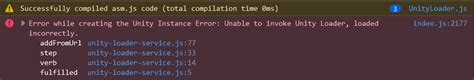 error while creating the unity instance error unable to invoke unity
