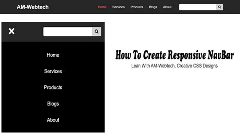 html and css responsive navbar with search box in html css am