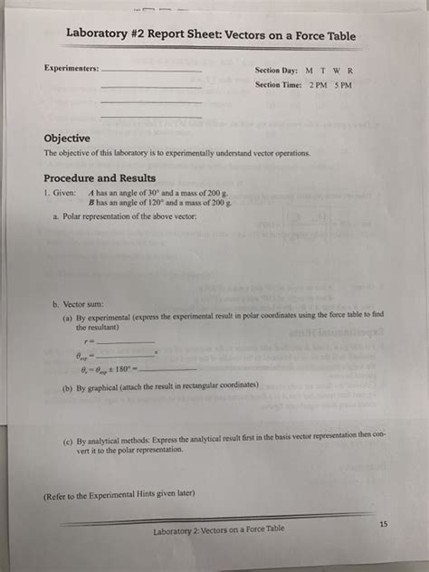 solved laboratory 2 report sheet vectors on a force table