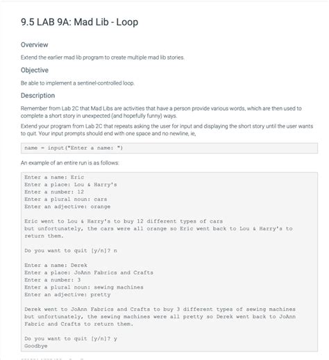 solved 9 5 lab 9a mad lib loop overview extend the