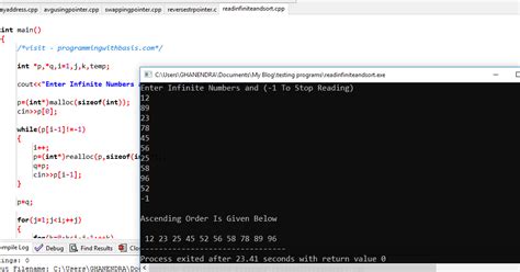 c program to read infinite number and sort in ascending