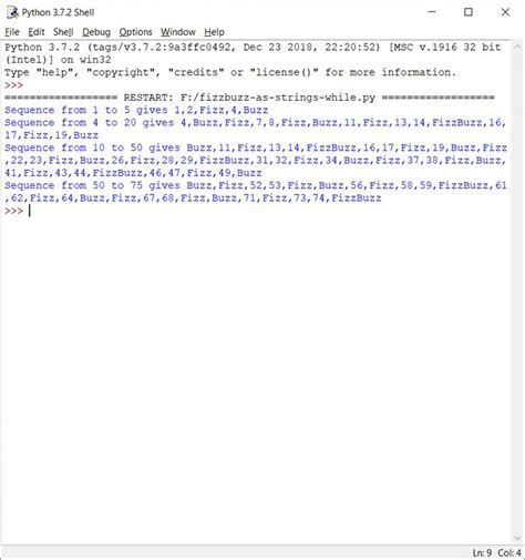 screenshot of running python code for fizzbuzz as strings while loop