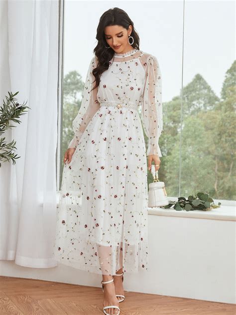 Shein Najma Embroidery Mesh Overlay Shirred Waist Dress Shein Uk