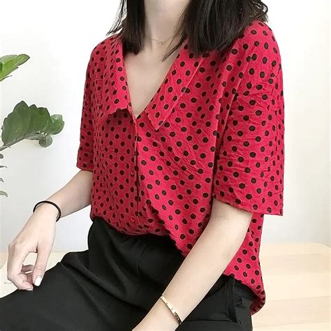 Red Polka Dot Crop Tops Women Summer Fashion V Neck Casual Blouse Femme