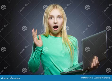 Cute Wondering Or Stressed Girl Using Laptop Isolated Grey Background