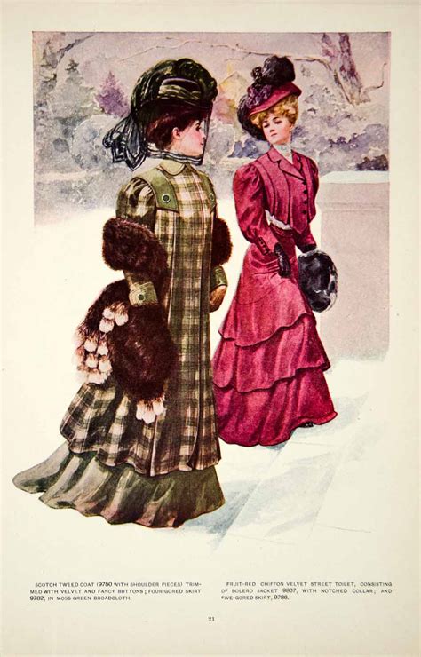 1907 Color Print Fashion Costume Clothing Dress Edwardian Women Hat