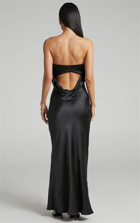 Charlita Strapless Cowl Back Satin Maxi Dress In Black Showpo