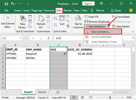 apply data validation in excel javatpoint