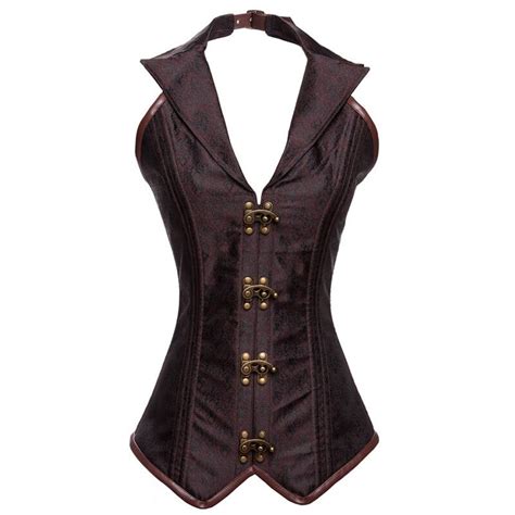 Hot Sexy Brown Brocade Halter Collar Overbust Corsets And Bustiers