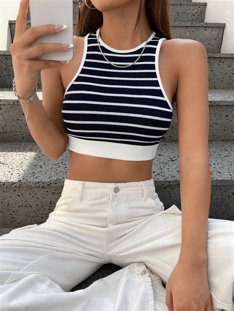 Shein Ezwear Striped Print Crop Tank Top Stripe Crop Top Outfit