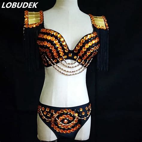 Silver Gold Rhinestones Bikini Sparkly Mirrors Tassels Bra Shorts Sexy