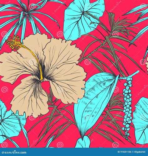 Tropical Exotic Flowers And Leaves Seamless Pattern Stock Vector
