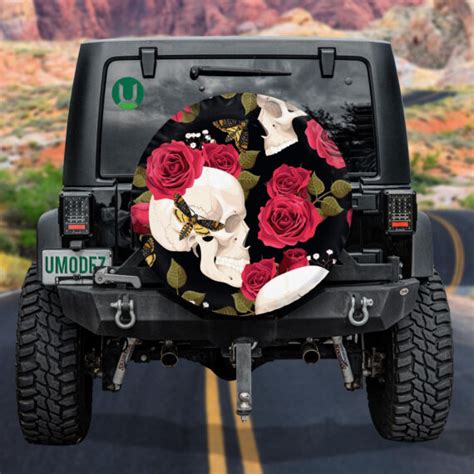 White Human Skull With Rose Leaves And Moth Spare Tire Cover Jeep