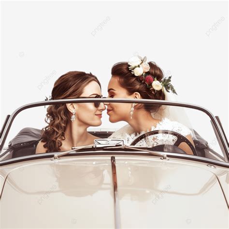 Just Married Lesbian Couple In Car Cartoon Flat Design Young Png